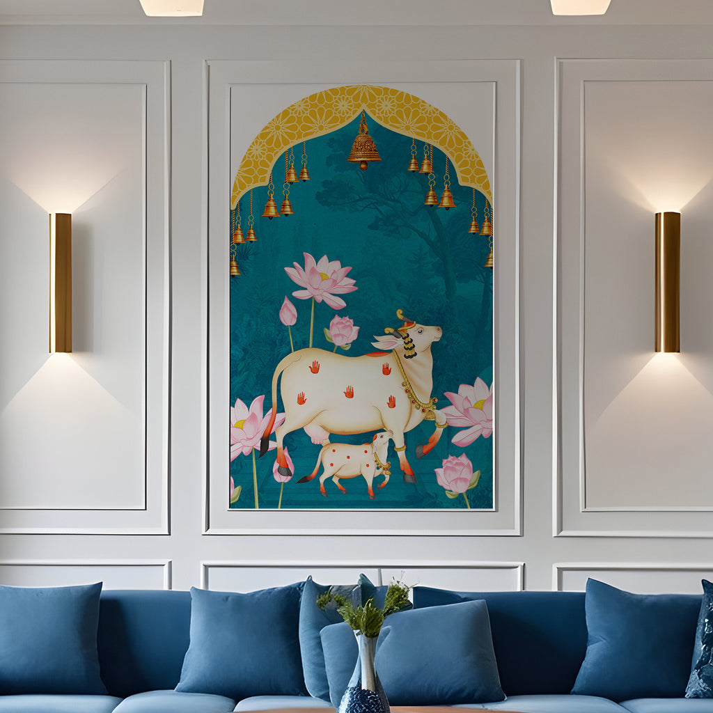 Pichwai Cow Temple Background Arch Wall Mural – Peel & Stick Cow Wallp ...