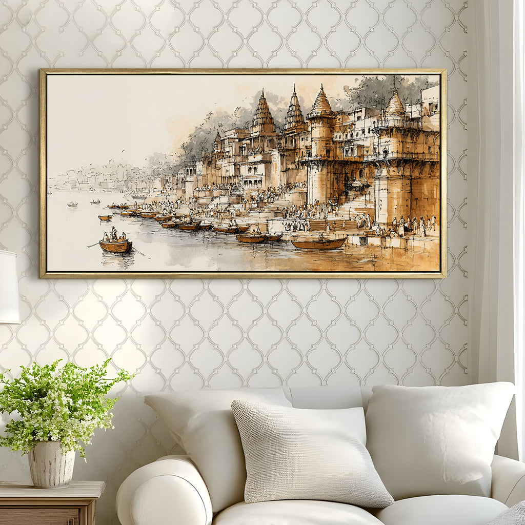 Banaras Ghats Painting Wall Art – Varanasi Riverfront with Golden Floa ...