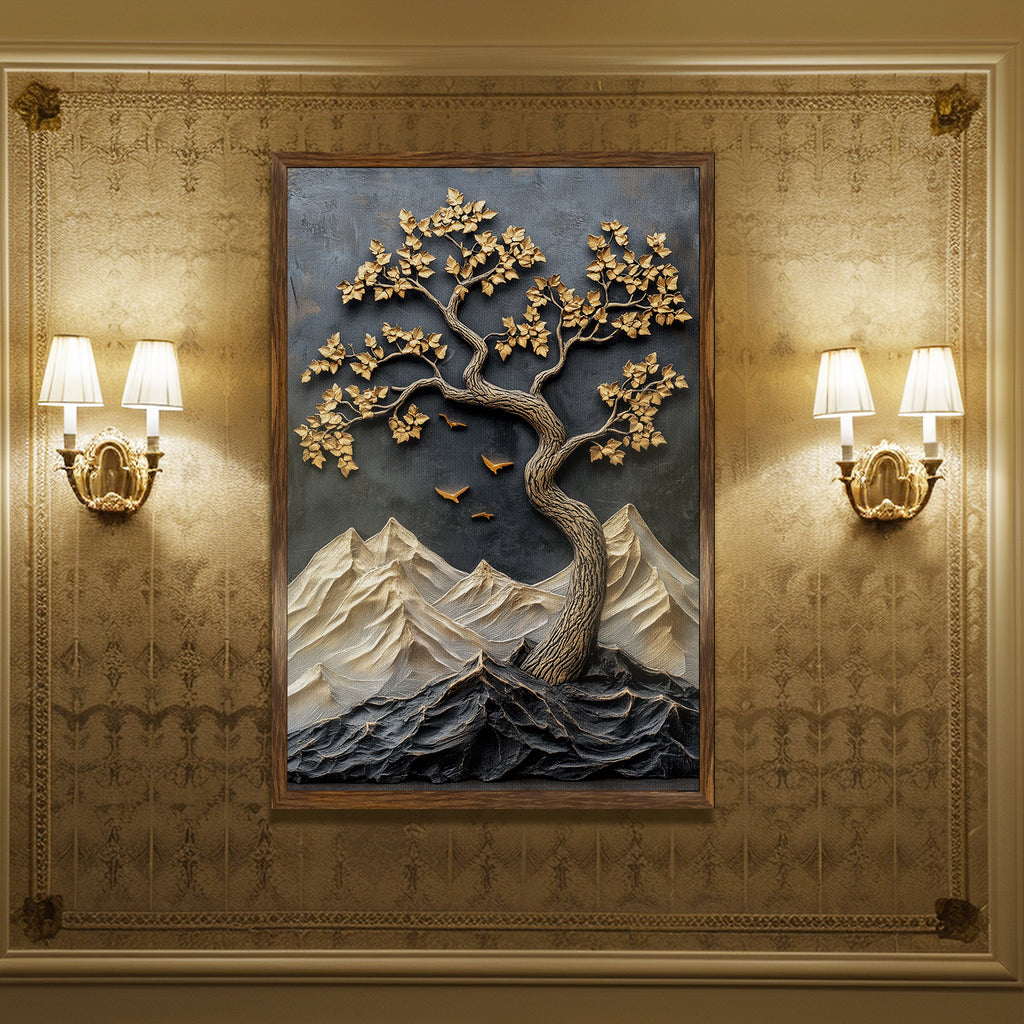 Abstract Golden Lucky Wish tree, HD Canvas Print, Framed, Ready to Han ...
