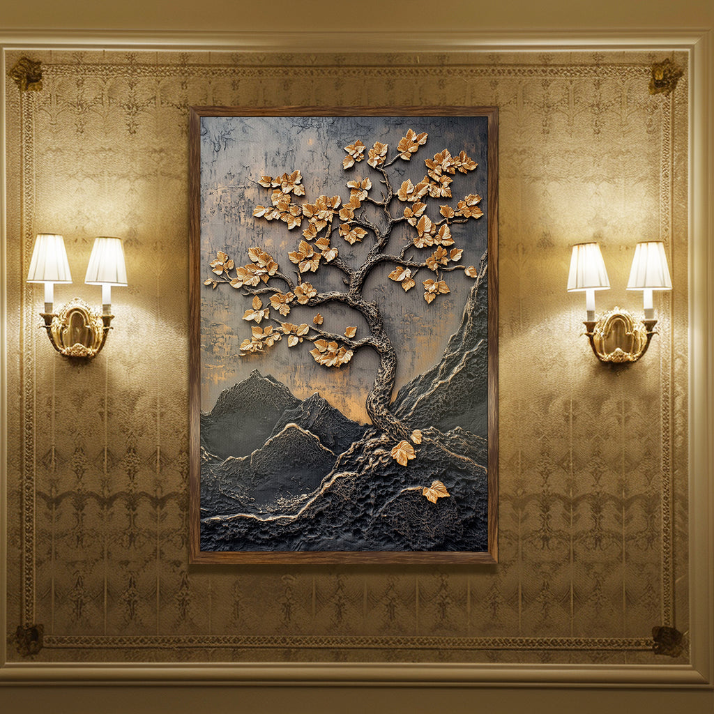 Abstract Golden Lucky Wish tree, HD Canvas Print, Framed, Ready to Han ...